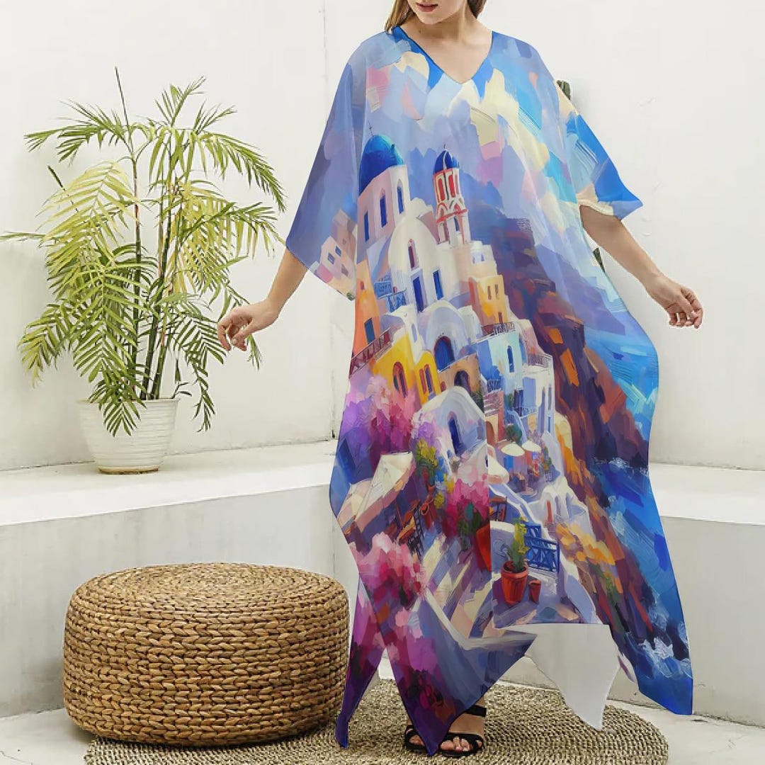 Santorini Greece Satin Silk Kaftan Kimono Robe Dress Tunic Mandala Tie ...