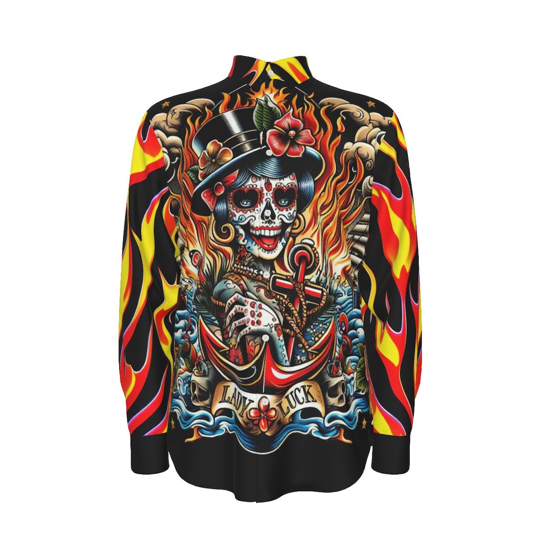 Lady Luck Tattoo Mens Cotton Shirt, Santa Muerte Long Sleeve Button up ...