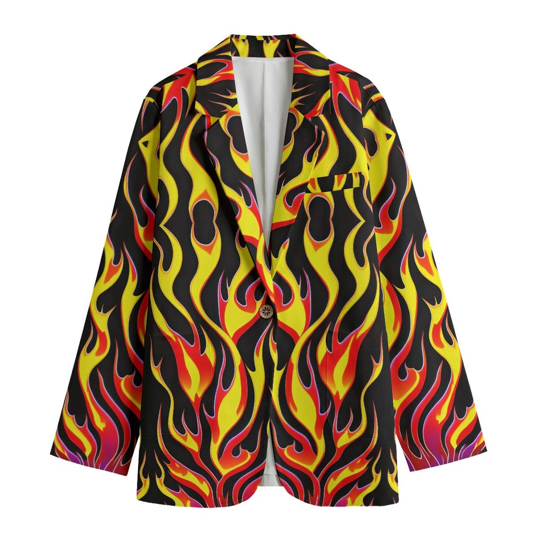 Biker Flames Jacket, Women's Cotton Blazer, Graphic Fire Flame Oversize ...