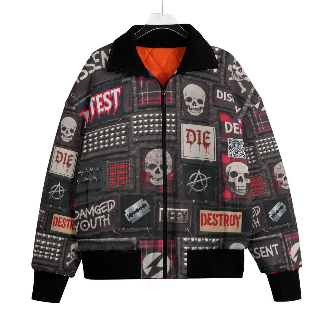 Punk Rock Quilted Bomber Jacket Unisex Knitted Fleece Lapel Outwear Zip ...