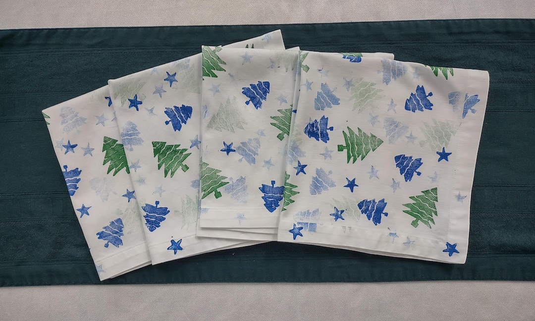Table Napkins, Holiday Napkins, Hand Stamped Blue and Green Christmas ...