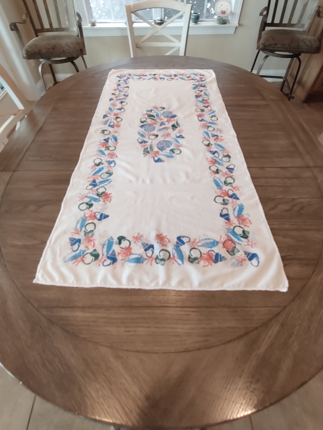 Table Runner, Seashell Design, Casual Dining Runner, Small Tablecloth, Colorful Hand Stamped ...