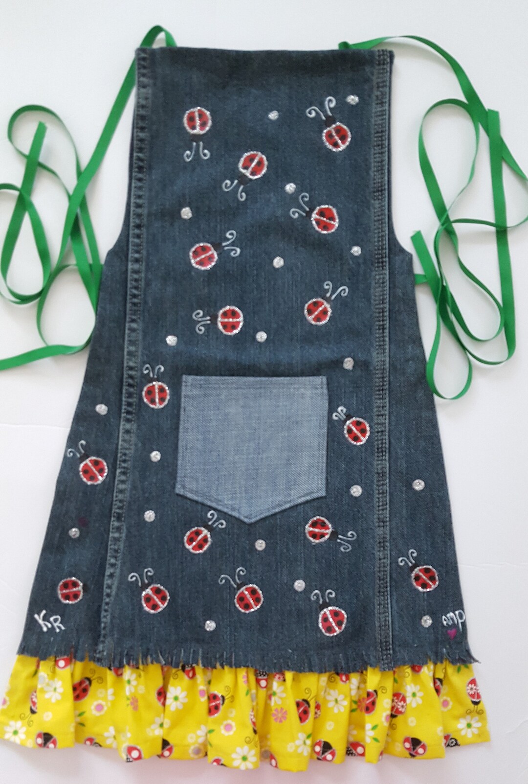Girl's Full Apron, Handmade and Hand Painted, Ladybugs, Recycled Denim ...