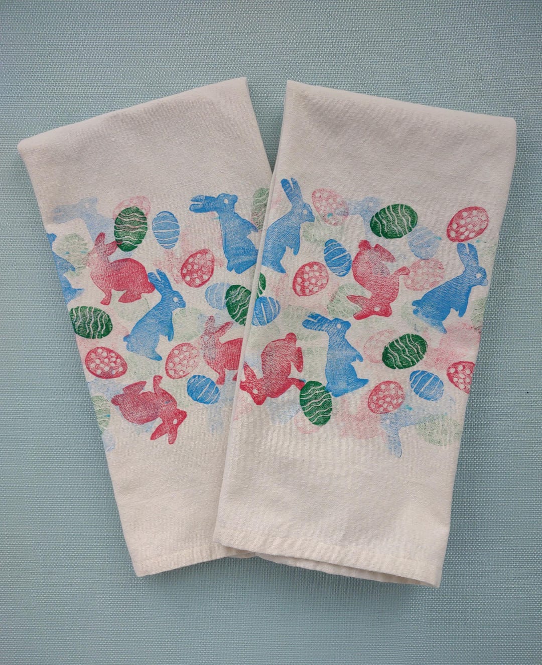 Kitchen Towels, Colorful Easter Bunnies and Eggs, Stamped With Handmade ...