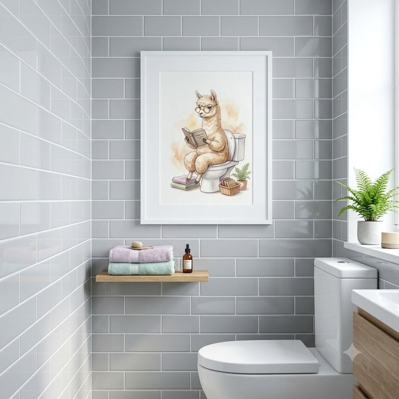 Funny Llama Reading Toilet Print – Watercolor Bathroom Humor Wall Art ...