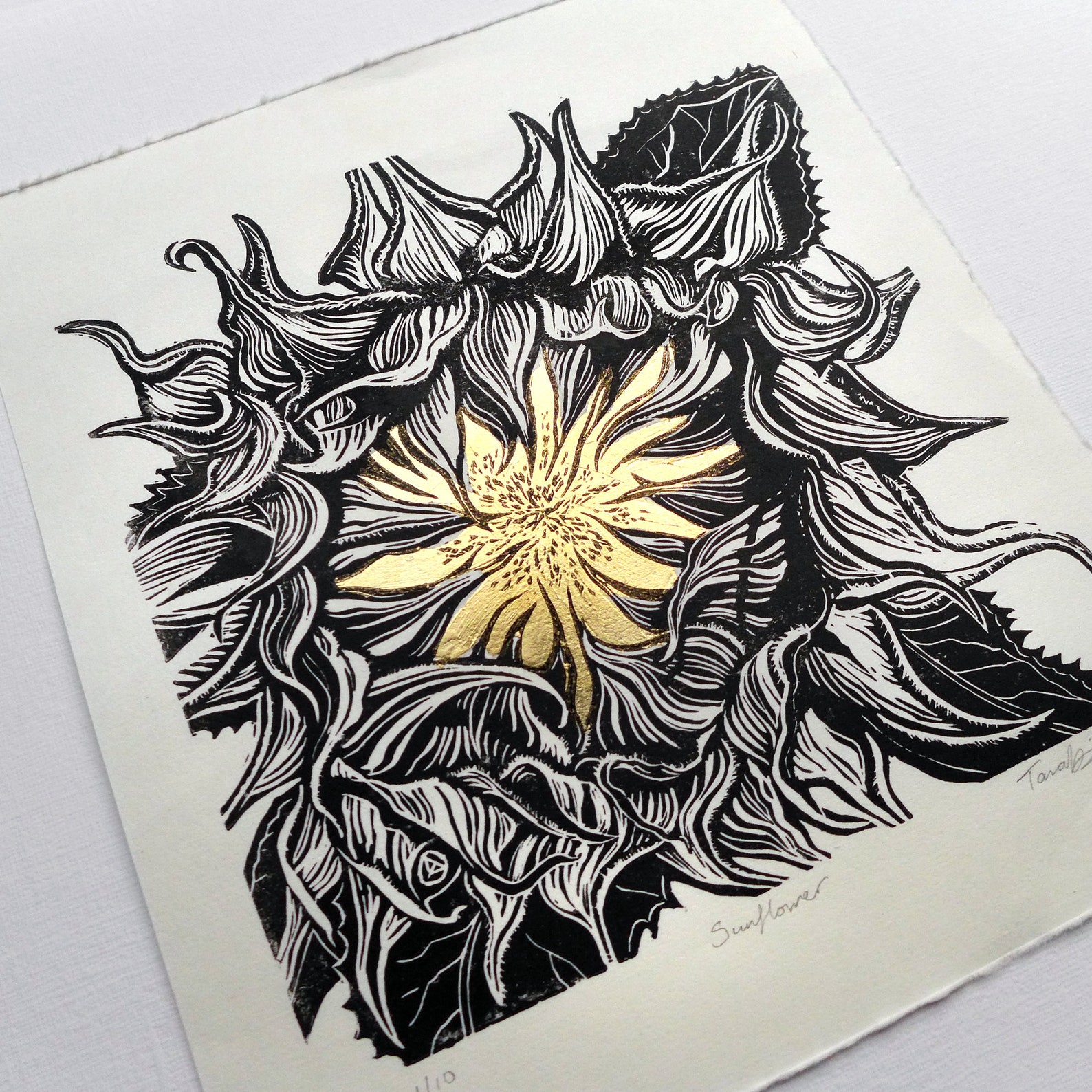 Sunflower Art Print, Hand-printed Sunflower Linocut With Gold Leaf ...
