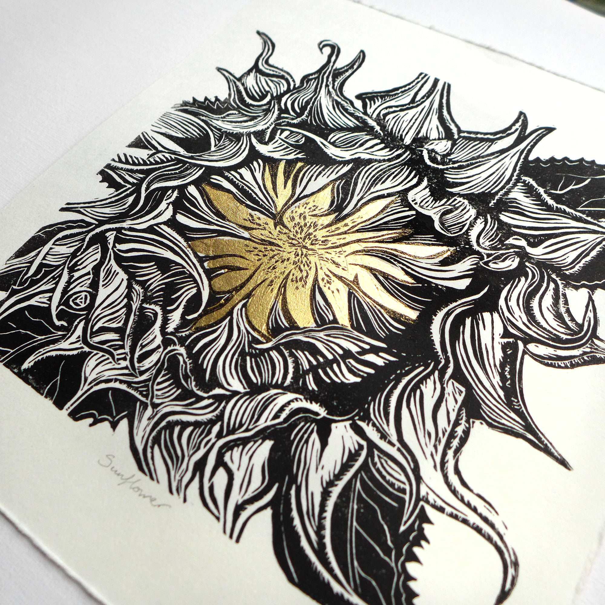 Sunflower Art Print, Hand-printed Sunflower Linocut With Gold Leaf ...