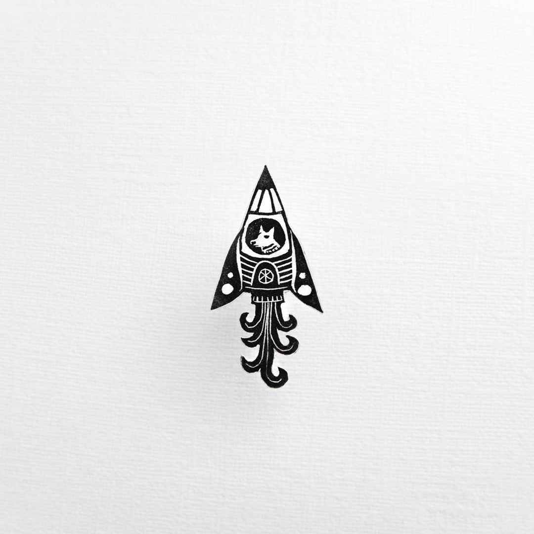 Rocket Dog Brooch, Handmade Tiny Dog in Space Badge, Printed From Lino ...