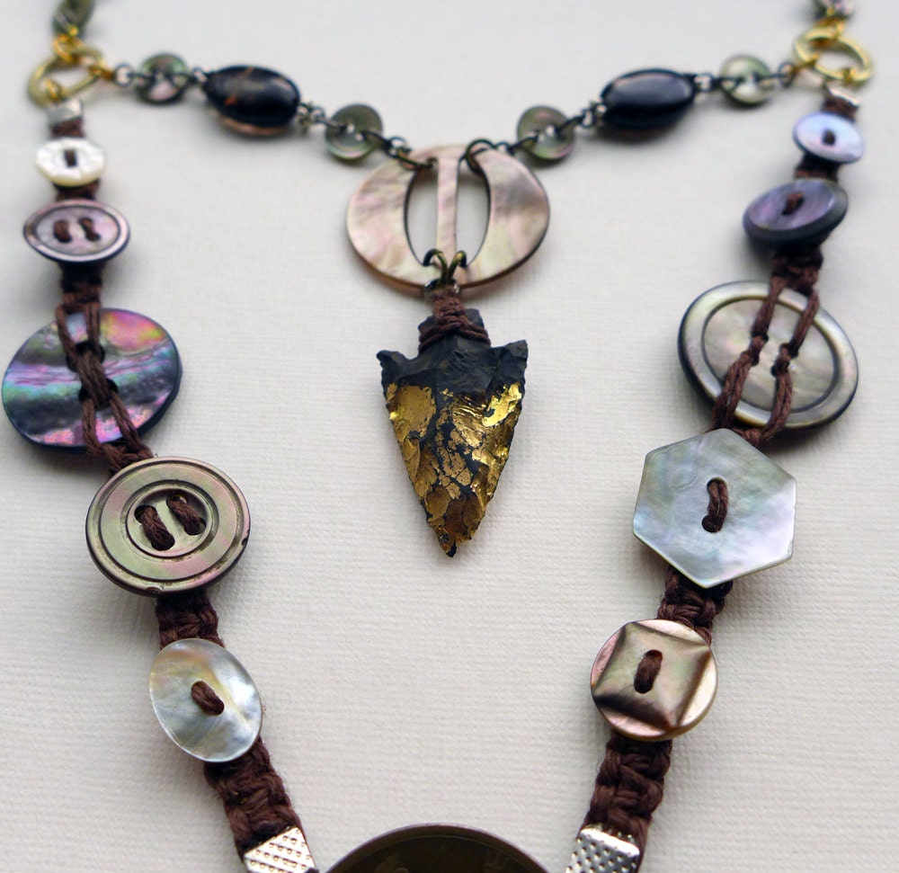 Flint Arrowhead Necklace With Victorian Penny, Vintage Buckle and ...