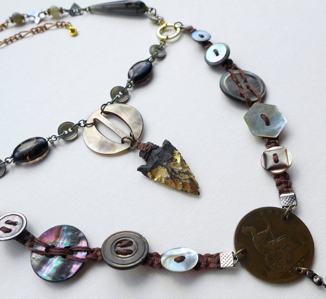 Flint Arrowhead Necklace With Victorian Penny, Vintage Buckle and ...