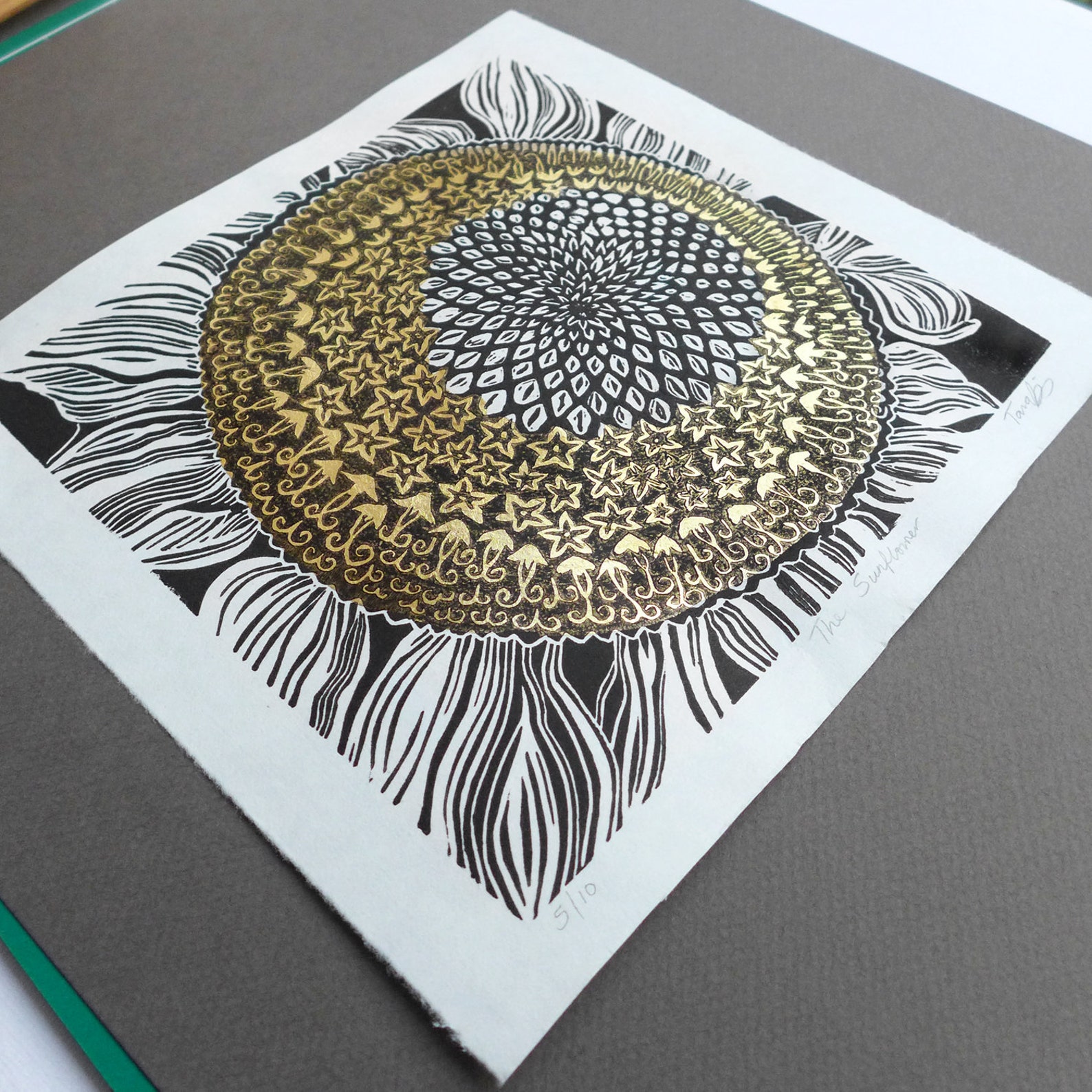 Sunflower Art Print, Hand-printed Sunflower Linocut With Gold Leaf ...