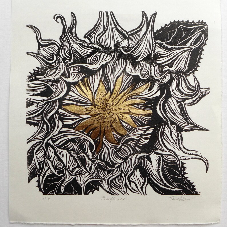 Sunflower Art Print, Hand-printed Sunflower Linocut With Gold Leaf ...