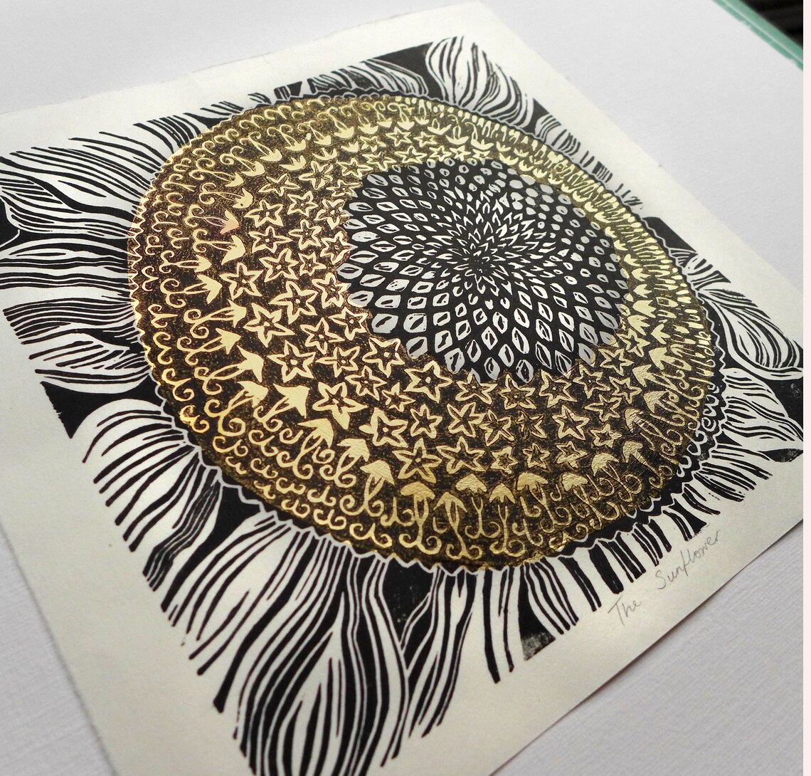 Sunflower Art Print, Hand-printed Sunflower Linocut With Gold Leaf ...
