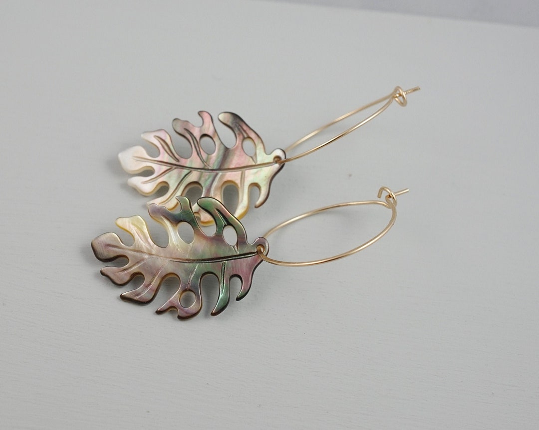 Leaf Hoop Earrings, Monstera Earrings, Gold Hoop, Mother of Pearl ...