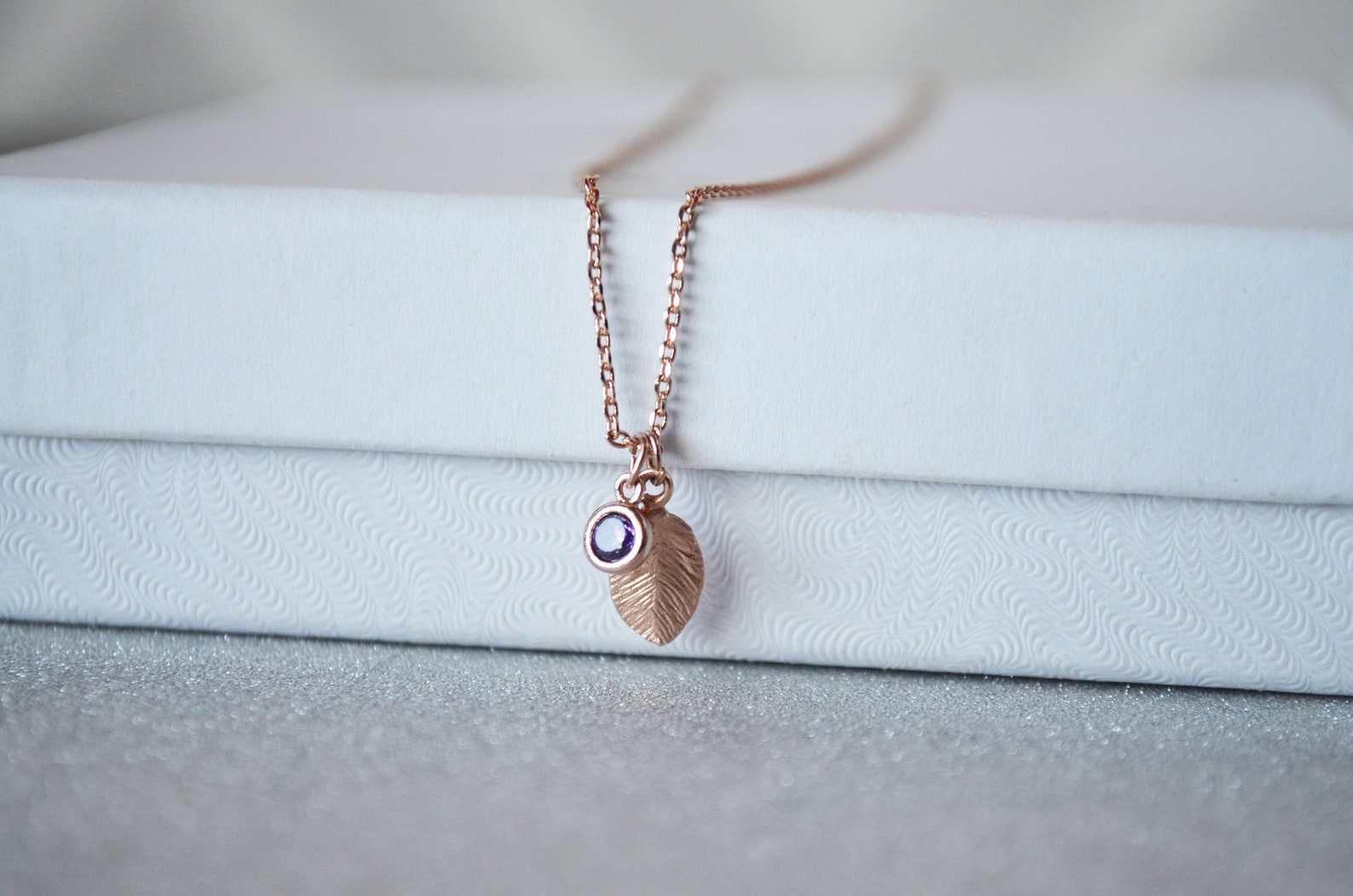 Rose Gold Leaf Necklace With Initial and Birthstone, Personalized ...
