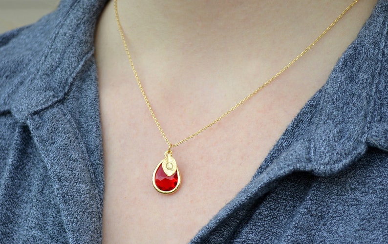 Personalized Red Ruby Teardrop Pendant Necklace: Initial Leaf Charm ...