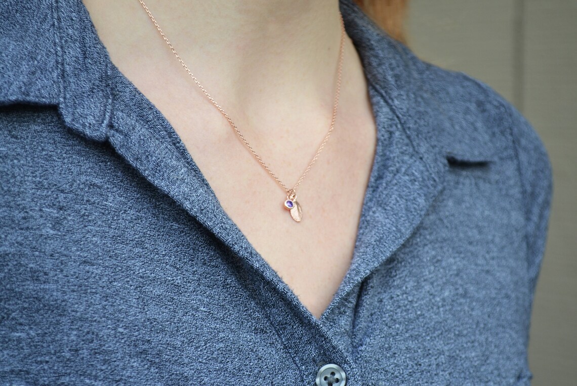 Rose Gold Leaf Necklace With Initial and Birthstone, Personalized ...
