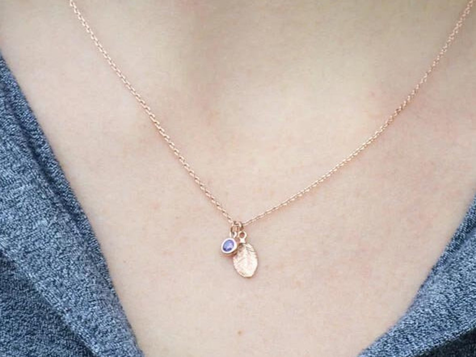 Rose Gold Leaf Necklace With Initial and Birthstone, Personalized ...