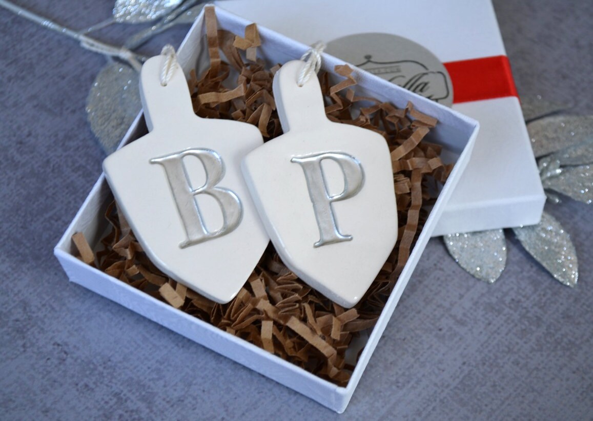 Set of 2 Personalized Dreidel Hanukkah Ornaments With Initials - Custom ...
