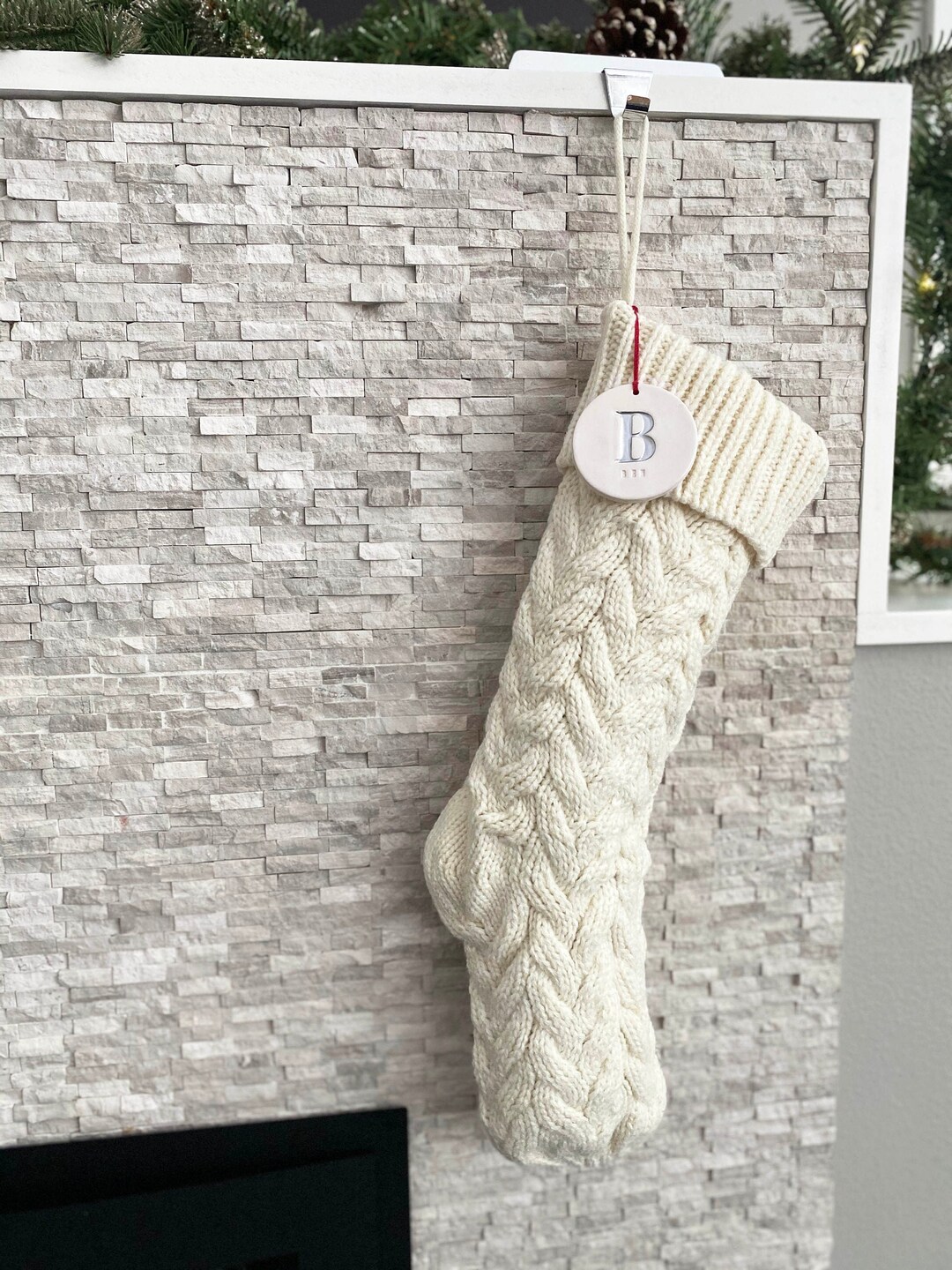 Knitted Ivory Christmas Stocking - Personalized Initial and Name, Cozy ...