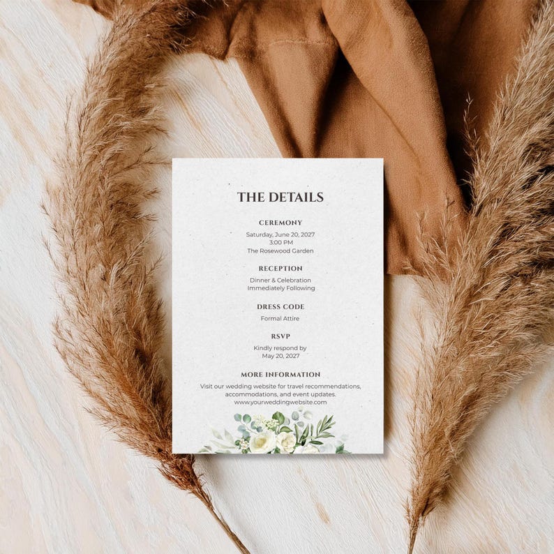 White Peony Wedding Details Card, Ivory Floral Stationery (digital ...
