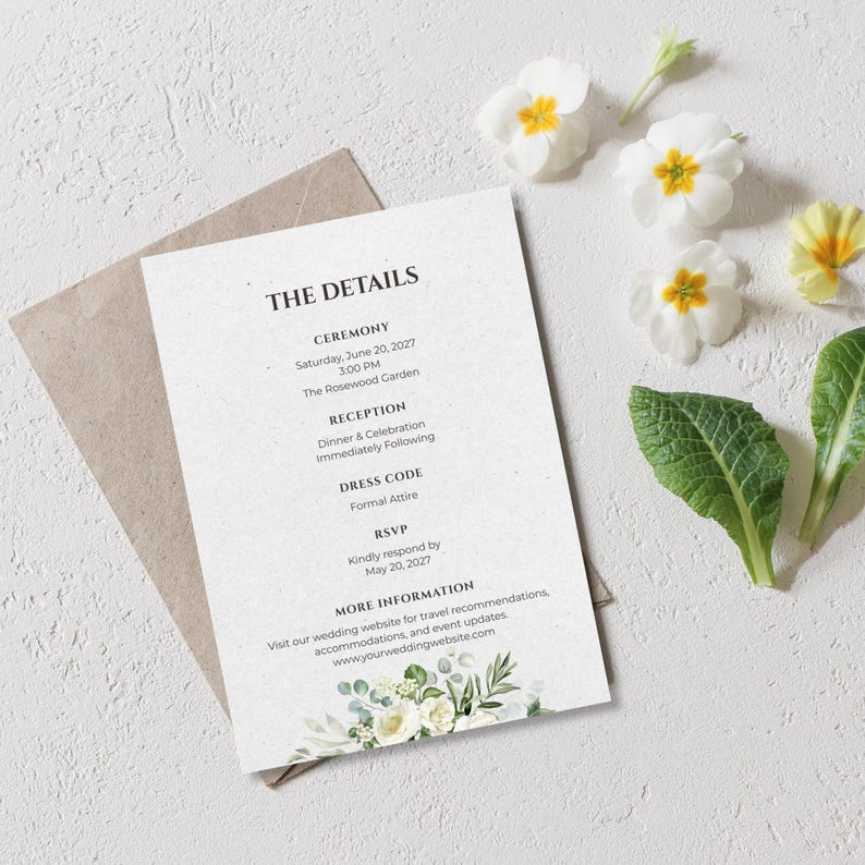 White Peony Wedding Details Card, Ivory Floral Stationery (digital ...