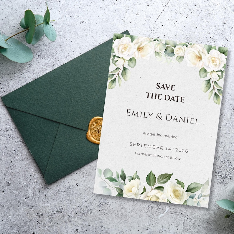 White Peony Save the Date Template, Ivory Floral Wedding Stationery ...