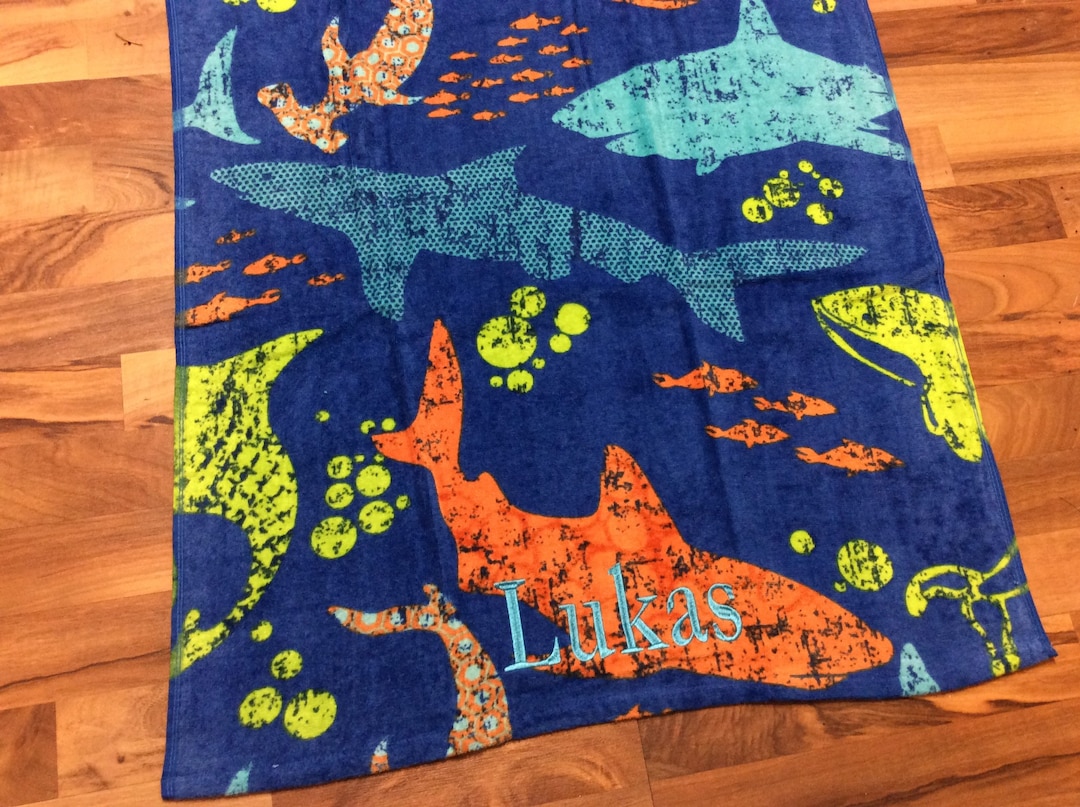Shark Personalized Beach Towel Nautical Gift for Boy Monogrammed 100% ...