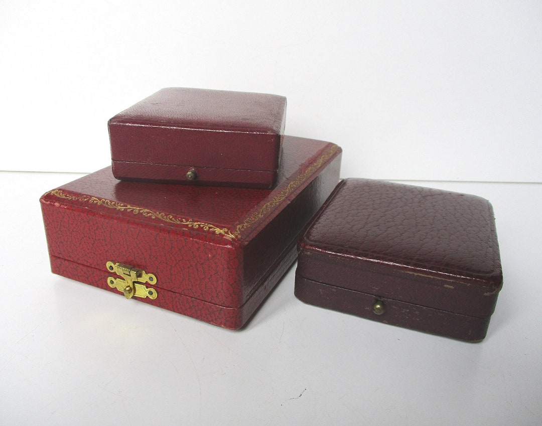 3 Antique French Jewellery Boxes, 1930s Vintage Burgundy Brown Box ...