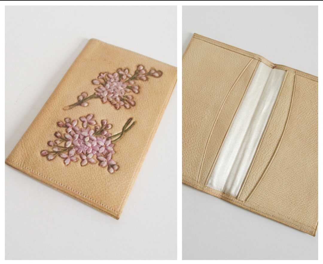 Antique French Card Paper Holder Wallet 1930s, Leather Embroidery Silk ...
