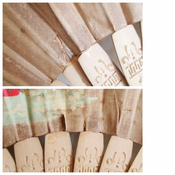 Antique large french fan 1900s 1920s Vintage fabric w… - Gem