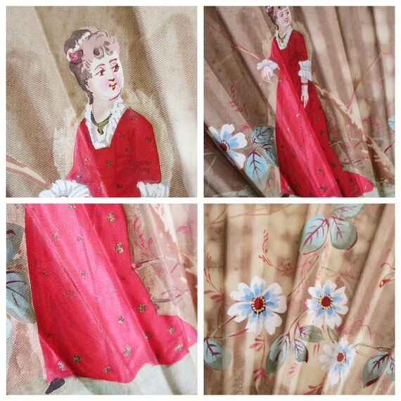 Antique large french fan 1900s 1920s Vintage fabric w… - Gem