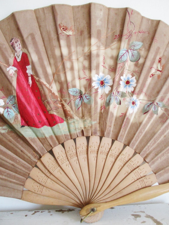 Antique large french fan 1900s 1920s Vintage fabric w… - Gem