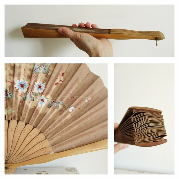 Antique large french fan 1900s 1920s Vintage fabric w… - Gem