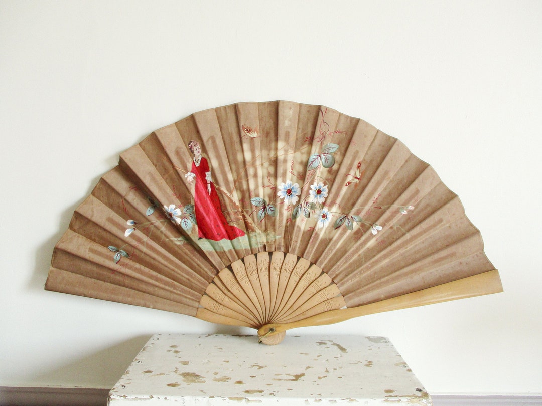 Antique Large French Fan 1900s 1920s Vintage Fabric Wood Hand Painted ...