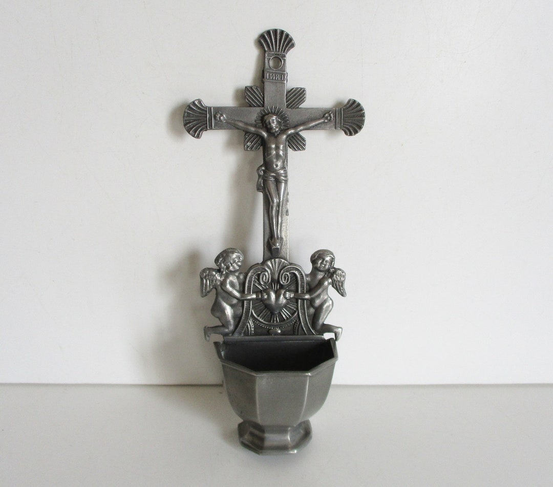 Antique Pewter Metal Holy Water Font Jesus Cross Angel, 1930s, Vintage ...