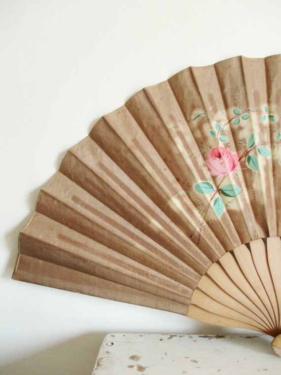 Antique large french fan 1900s 1920s Vintage fabric w… - Gem