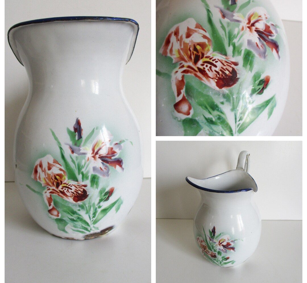 Vintage Large French Enamel Pitcher 1930s, Enamelware Bottle, White ...