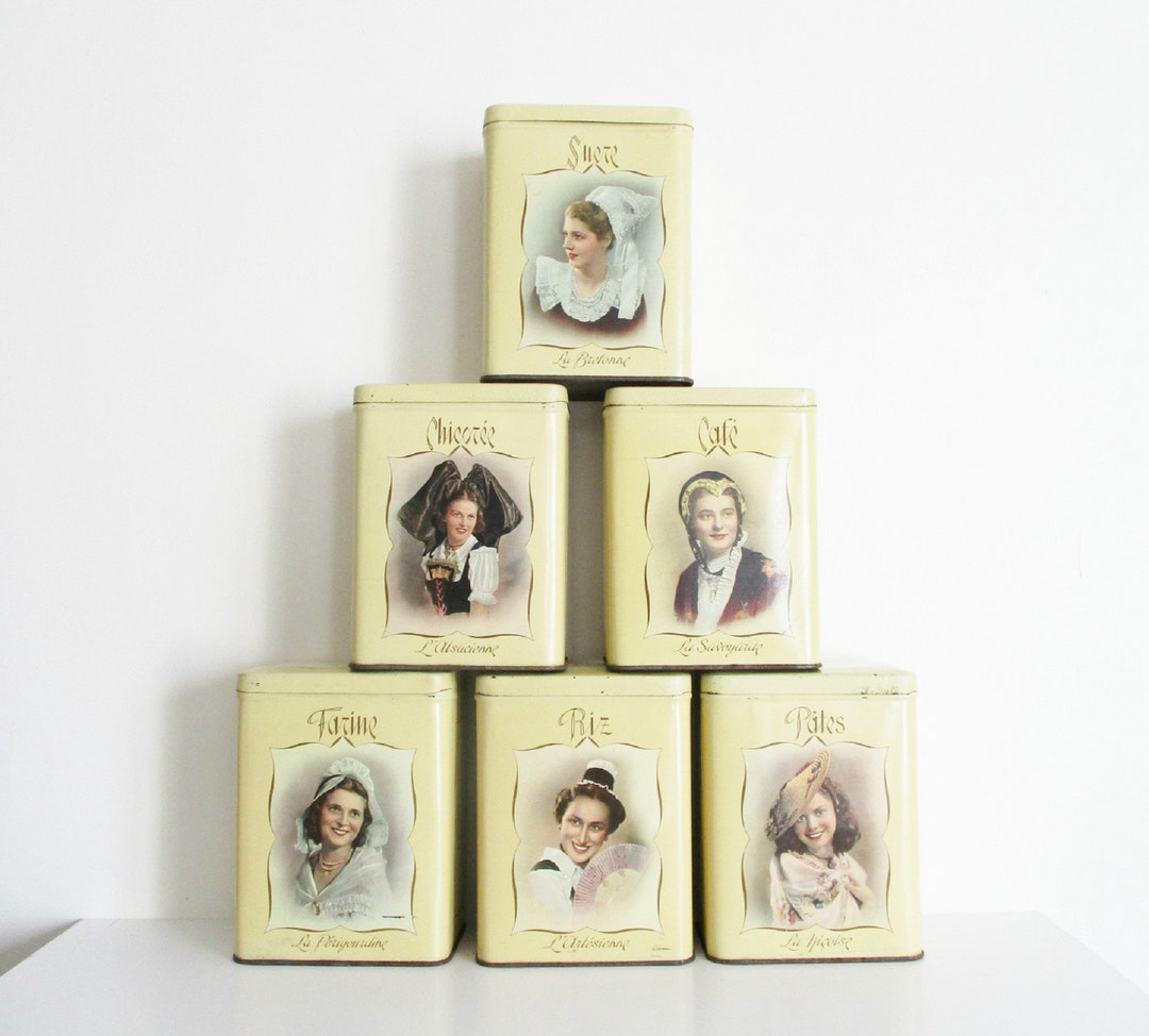 8 Antique French Kitchen Tin Boxes 1940s Vintage Yellow Metal Box ...