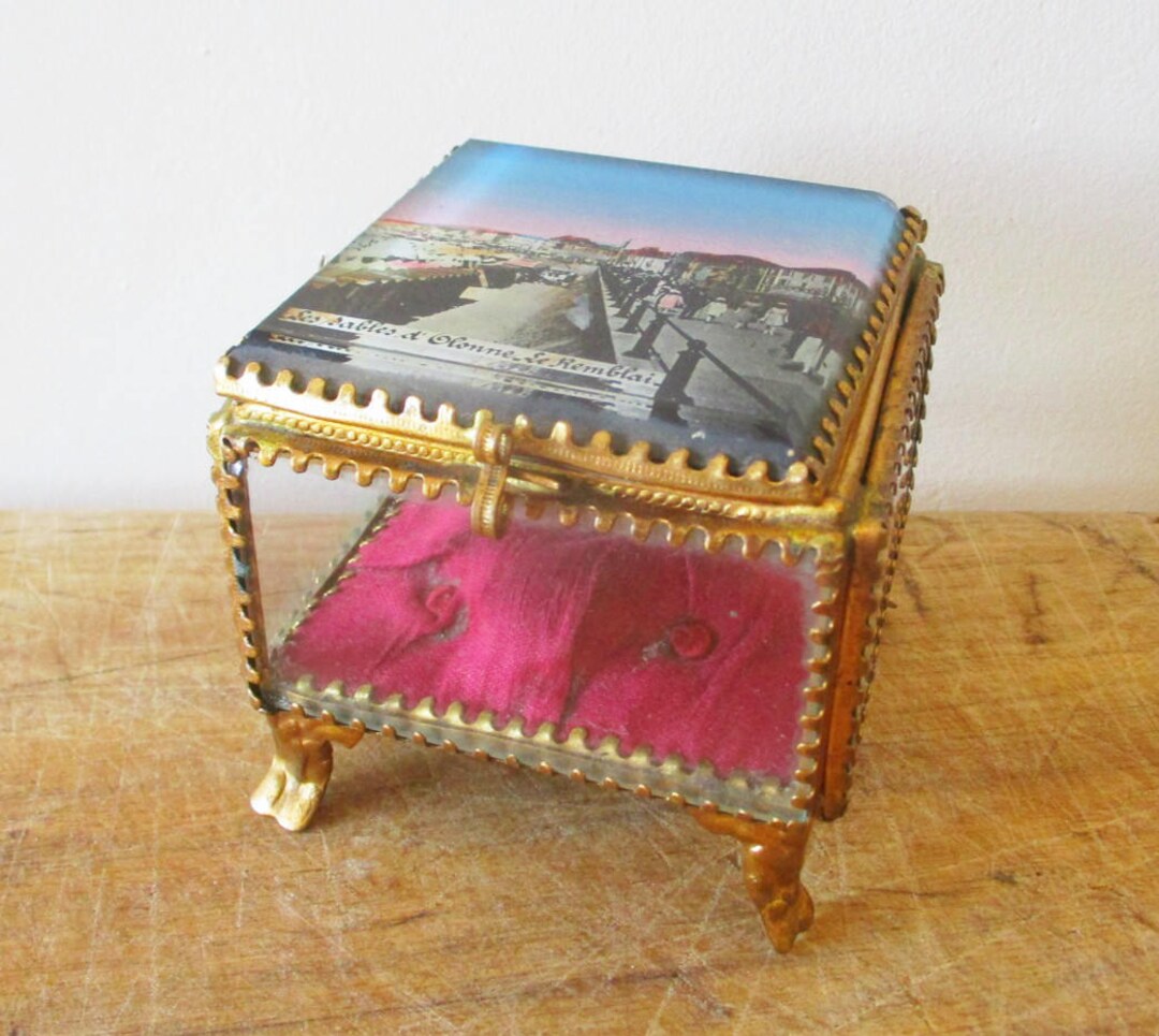 Antique French Trinket Glass Box, 1920s, Vintage Beveled Jewelry Box ...