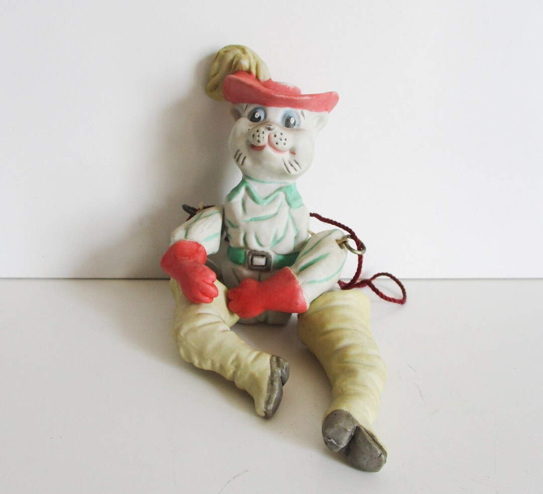 Vintage Bisque Puss in Boots Marionette, 1950s, White Porcelain Cat ...
