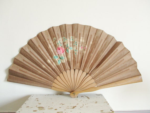 Antique large french fan 1900s 1920s Vintage fabric w… - Gem