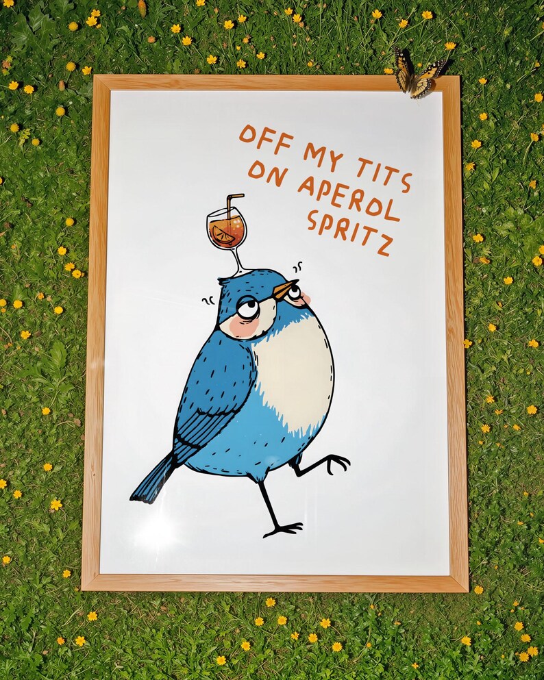 Blue Bird Drink Print | Funny Bird Illustration | Humorous Wall Art for ...