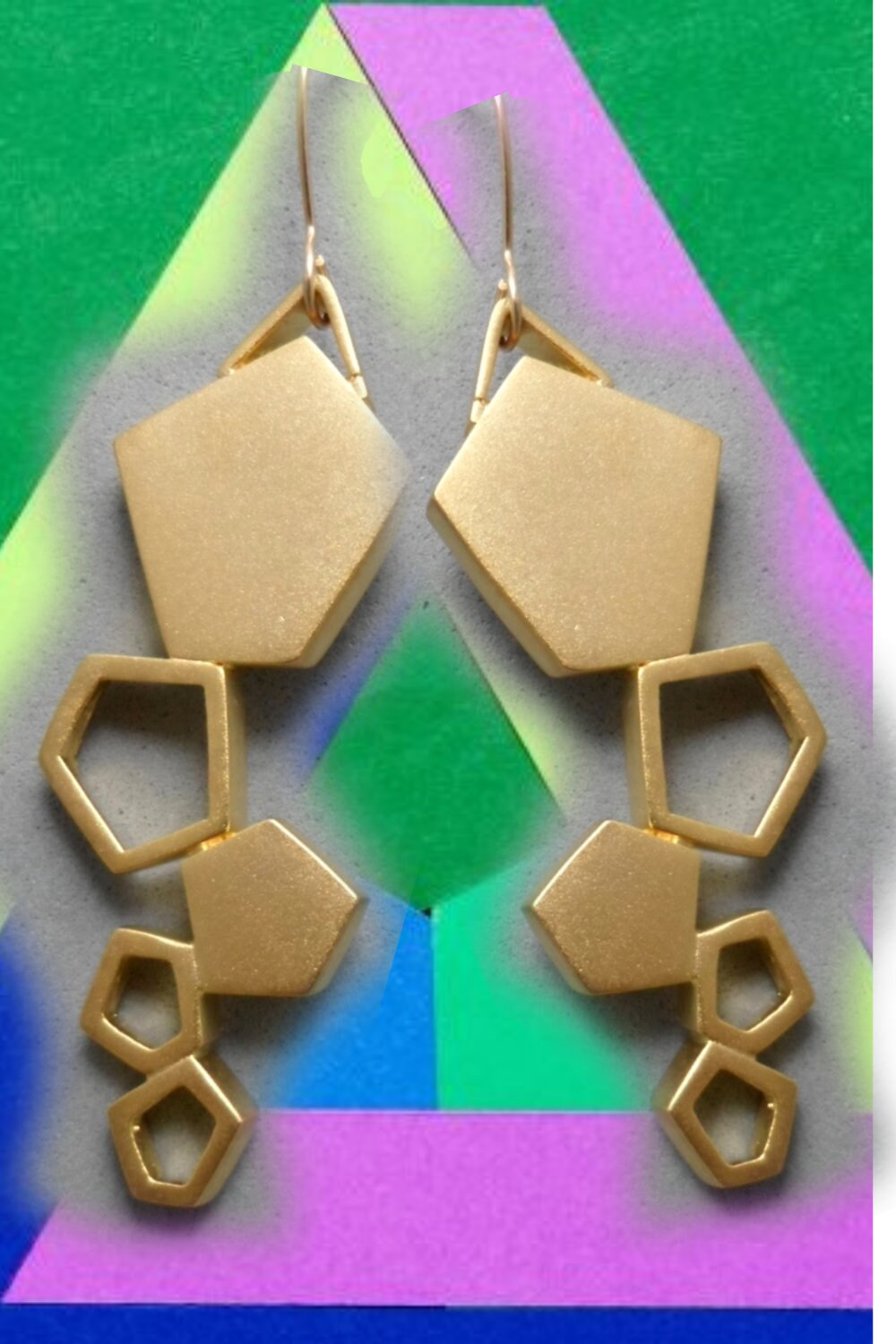 Gold Geometric Earrings Extra Long Dangle 5 Pentagons | Etsy