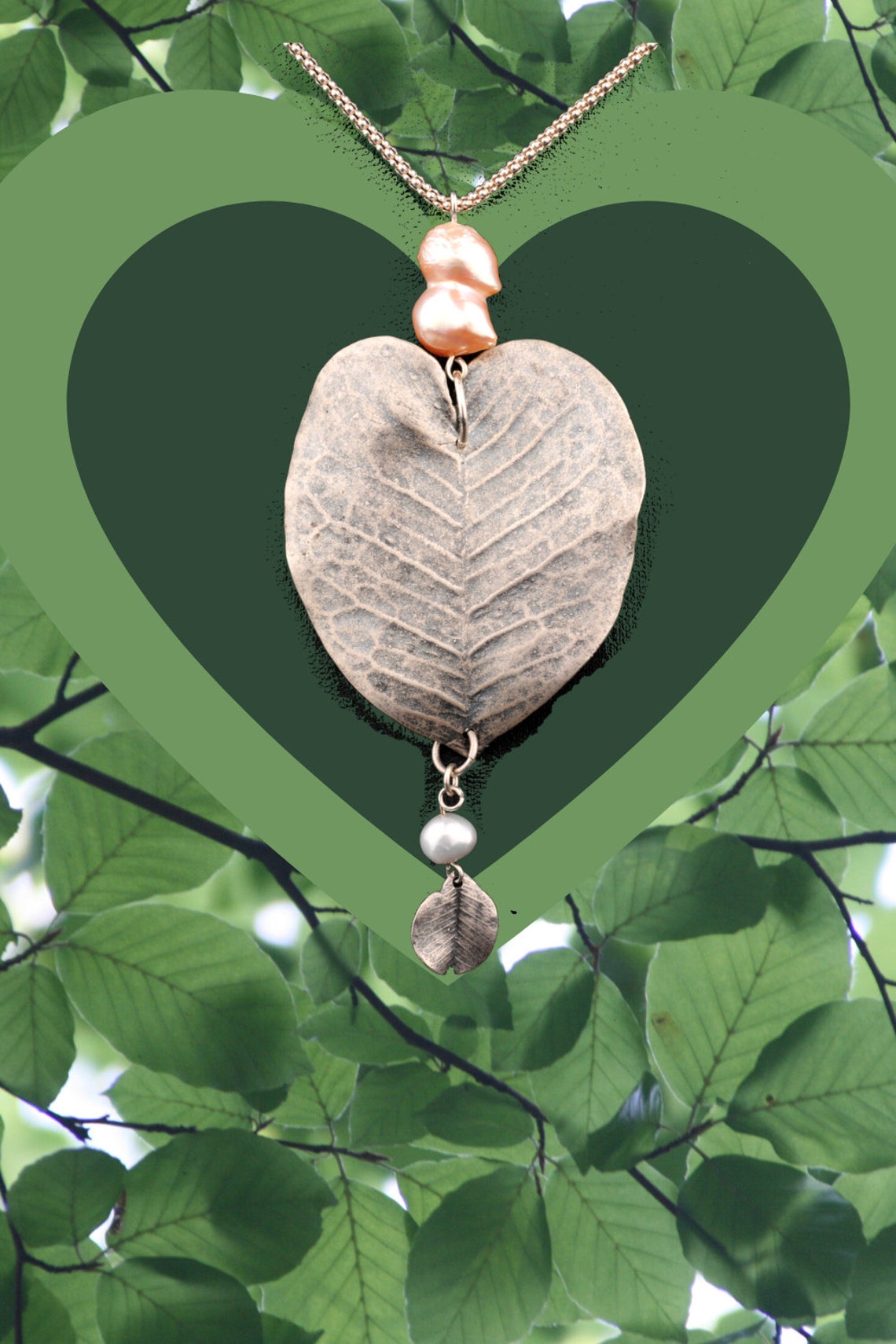 Long Pendant Necklace Natural Leaf Electroform Heart | Etsy