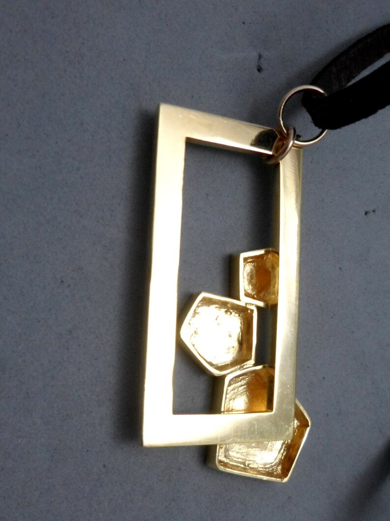Gold Geometric Necklace, Rectangular Pendant With 3 Pentagons, Long ...