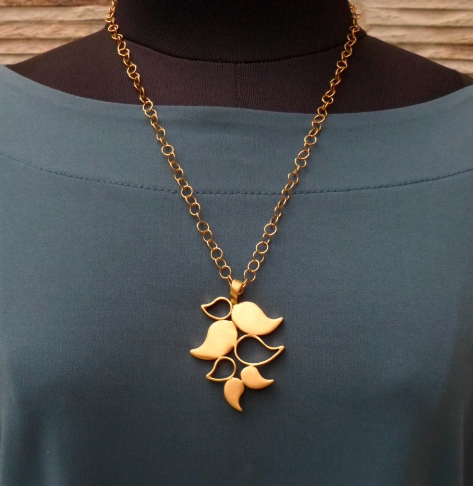Long Gold Pendant Necklace, of 7 Abstract Leaves, Gold Filled Chain ...