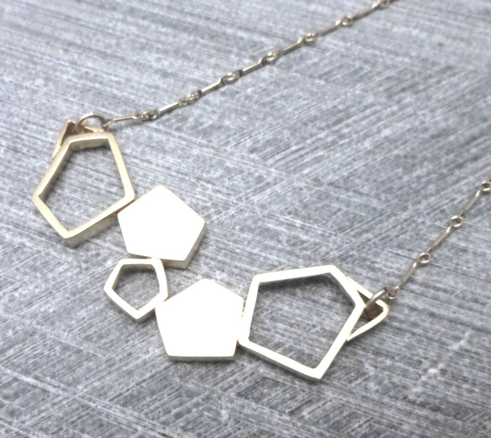 Gold Geometric Necklace With 5 Asymmetric Pentagons, Contemporary ...