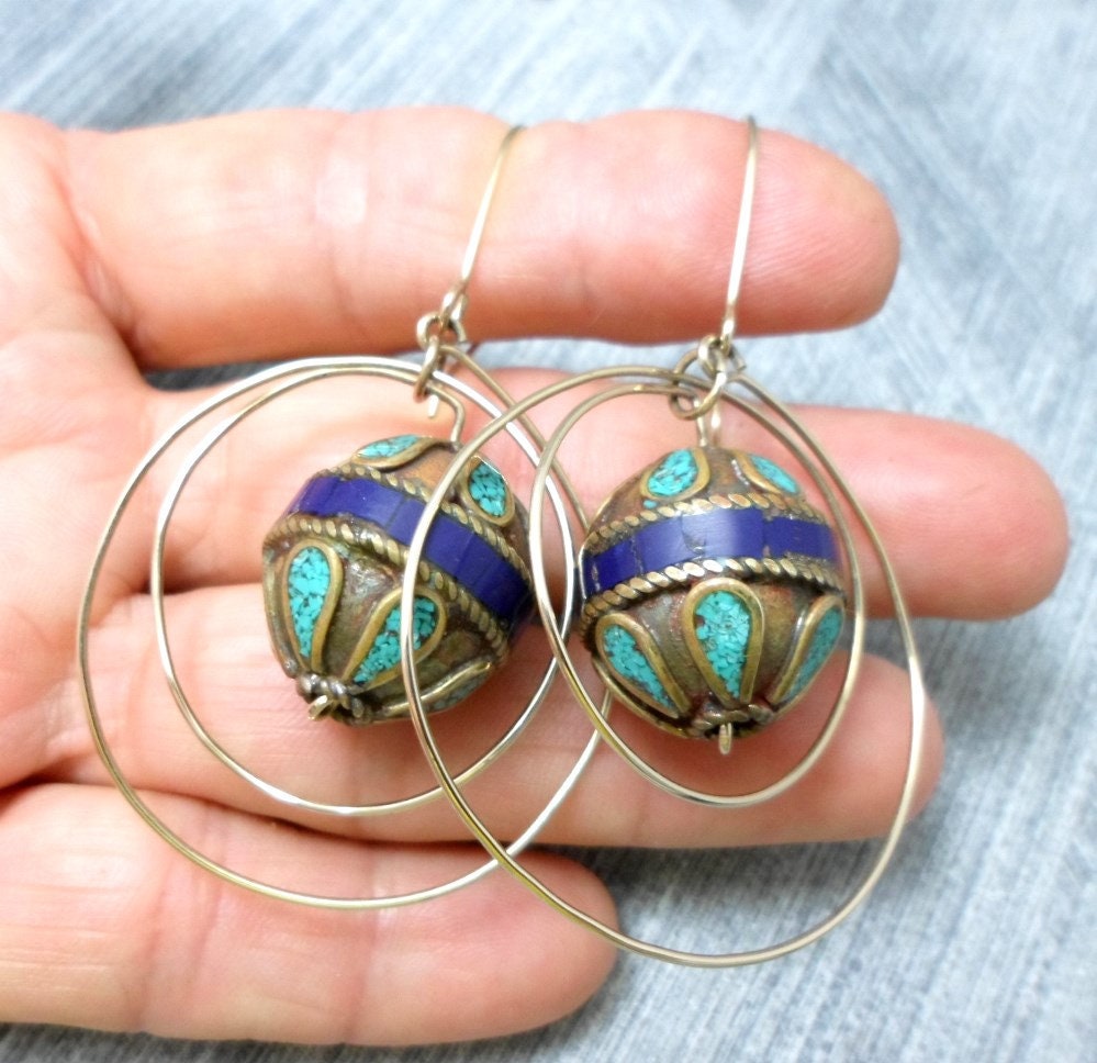 Extra Long Dangle Earrings, Turquoise and Blue Bead Encircled by 2 Gold ...