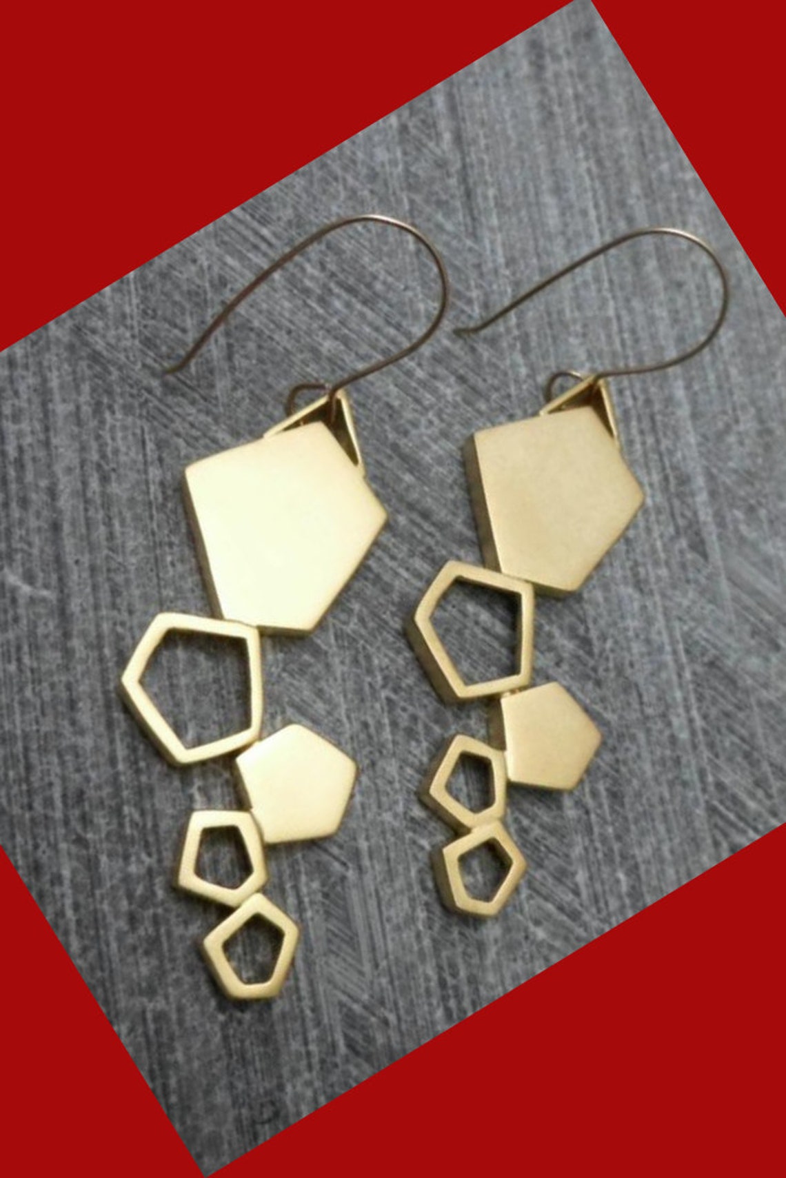 Gold Geometric Earrings Extra Long Dangle 5 Pentagons | Etsy